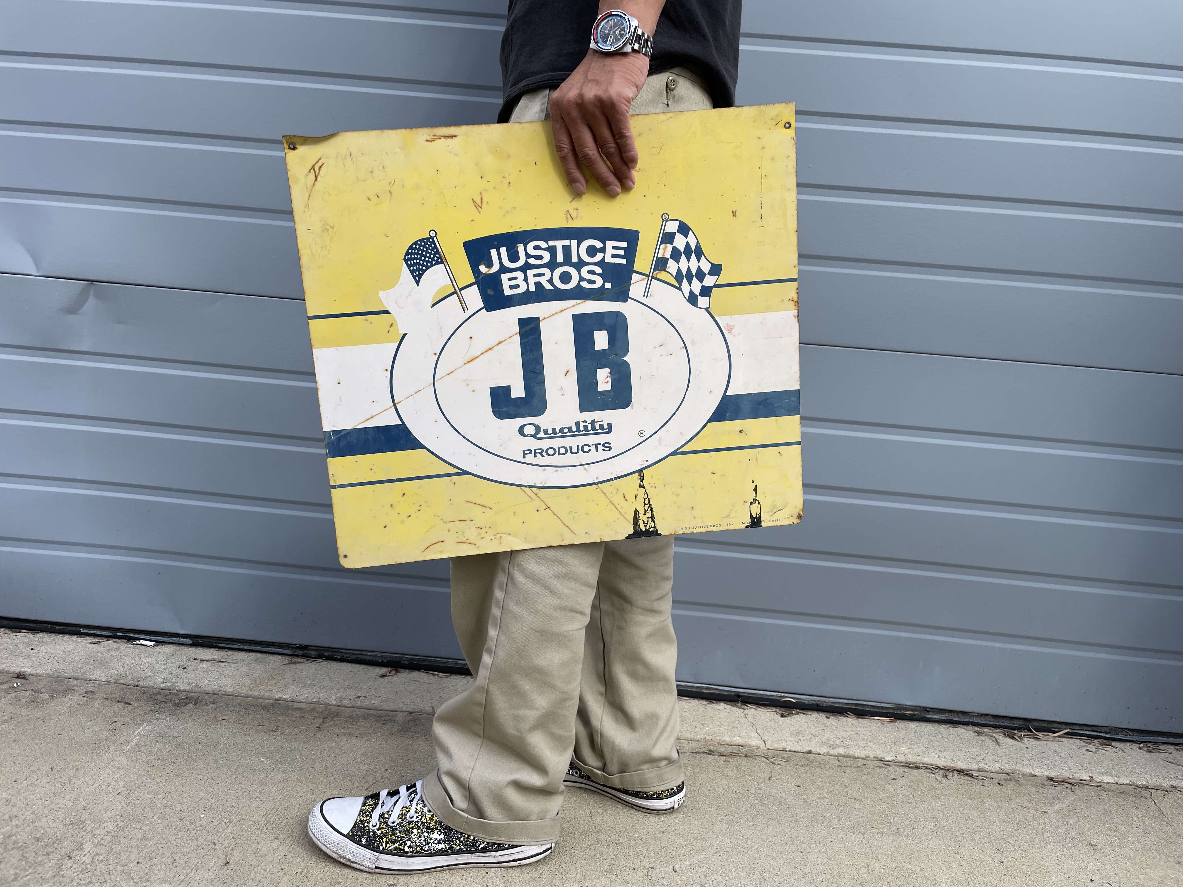 JUSTICE BROS ジャスティス ブラザーズ オイルメーカー ヴィンテージ 看板 サインプレート 星条旗＆チェッカーフラッグUSA ...